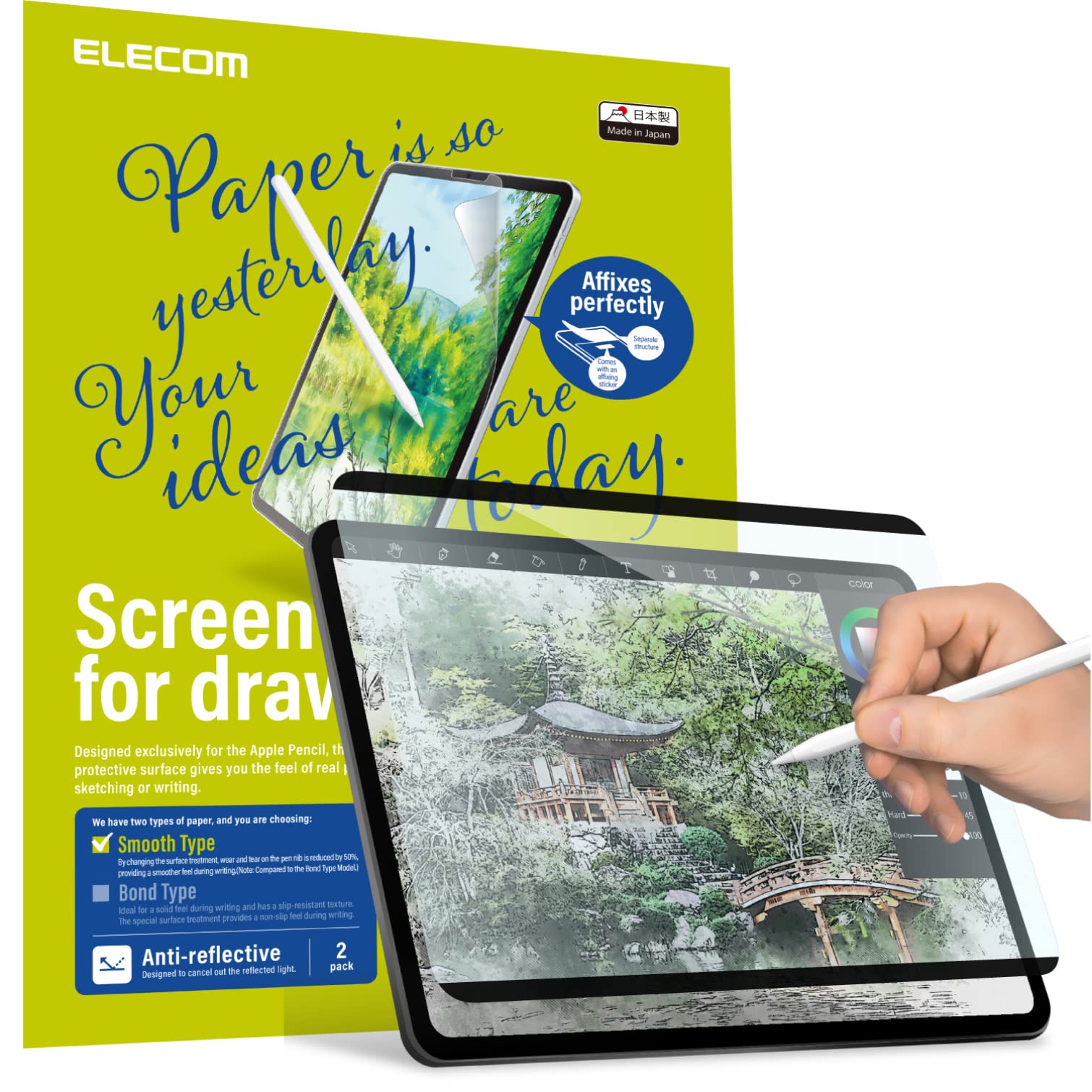 ELECOM Detachable Pencil Feel Screen Protector, Nano suction, Smooth type, iPad Air(10.9",2022,2020) iPad Pro(11",2022,2021,2020,2018) Drawing/Notetaking/Anti-glare (TB-APSNS109-W)