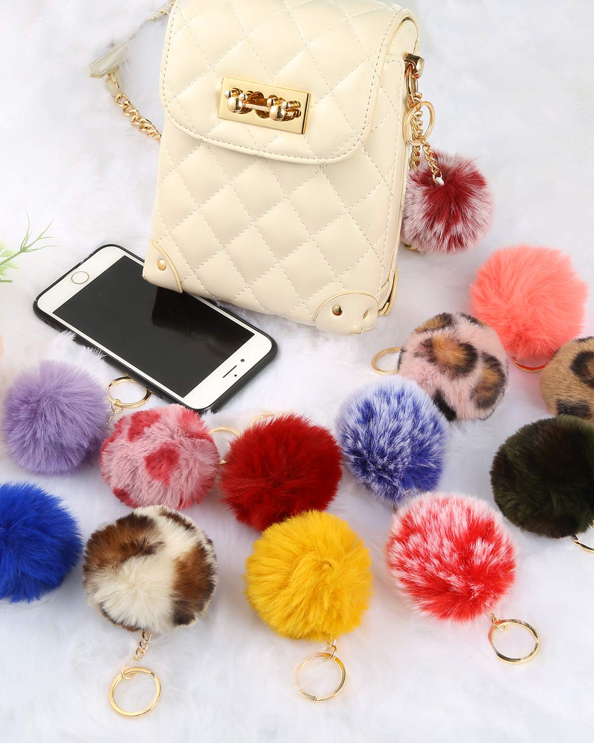 Auihiay 40 Pieces Pom Poms Keychains Fluffy Balls Pompoms Key Chain Faux Rabbit Fur Pompoms Keyring for Girls Women Hats Bags Knitting Accessories