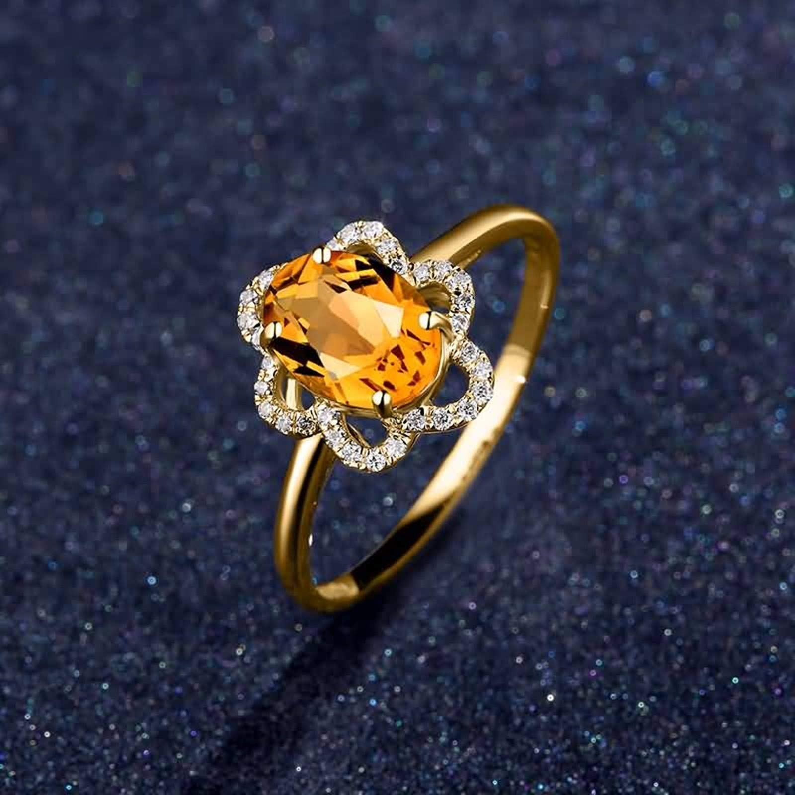 KnBoB Women Flowers Oval Shape 1.2ct Citrine Ring 18K Yellow Gold Promise Wedding Engagement Bridal Anniversary Ring Size 9.5