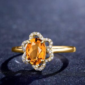 KnBoB Women Flowers Oval Shape 1.2ct Citrine Ring 18K Yellow Gold Promise Wedding Engagement Bridal Anniversary Ring Size 9.5