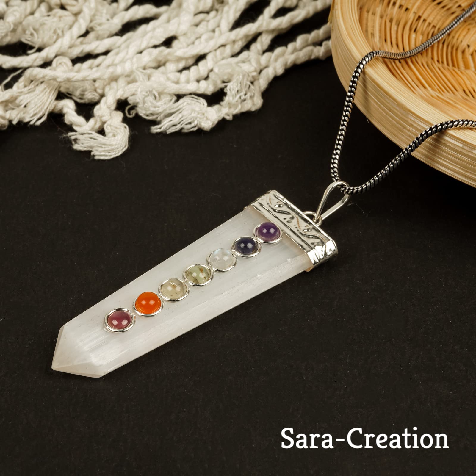 Charged Seven 7 Chakra Selenite Crystal Pendant - Selenite Charging Healing Energy Gemstone Point Pendant For Gifts - Selenite Pendant By sara creation