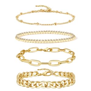 gold bracelets for women14k gold plated dainty link paperclip bracelet stack gold small ball beads bracelets adjustable layered metal link bracelet