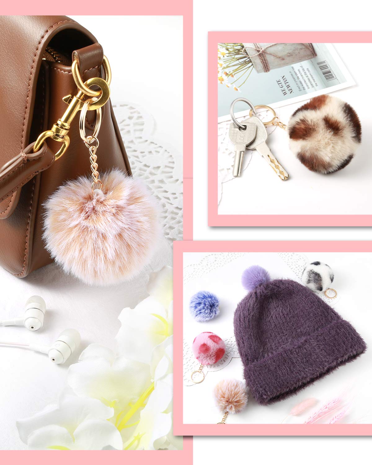 Auihiay 40 Pieces Pom Poms Keychains Fluffy Balls Pompoms Key Chain Faux Rabbit Fur Pompoms Keyring for Girls Women Hats Bags Knitting Accessories