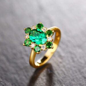 KnBoB Women Flowers Oval Shape 1.67ct Emerald Ring 18K Yellow Gold Promise Wedding Engagement Bridal Anniversary Ring Size 10.5