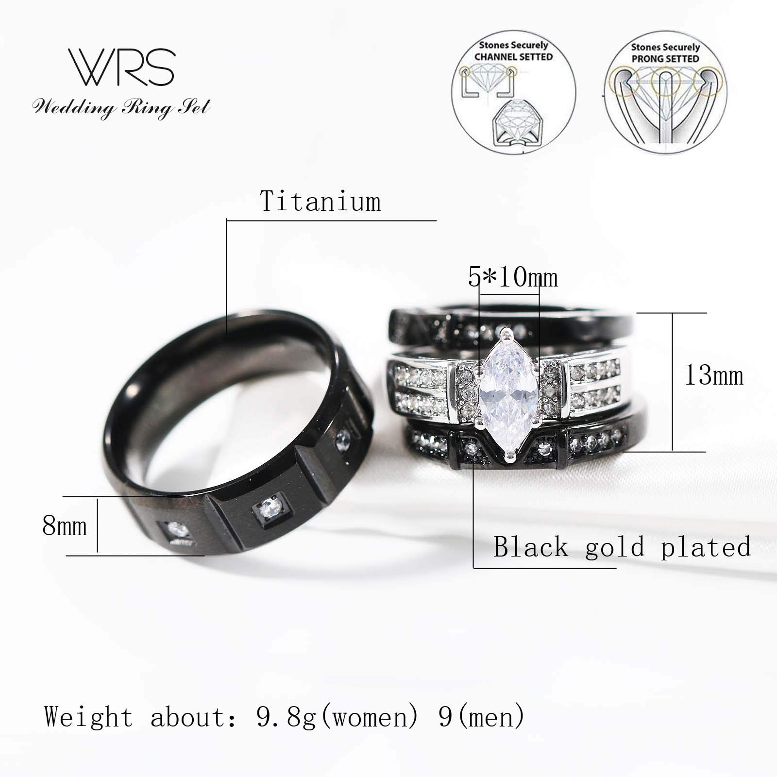 Two Rings His Hers Wedding Ring Sets Couples Matching Rings Women's 2pc Black Gold Plated White CZ Wedding Engagement Ring Bridal Sets Men's Titanium Band Wedding Band