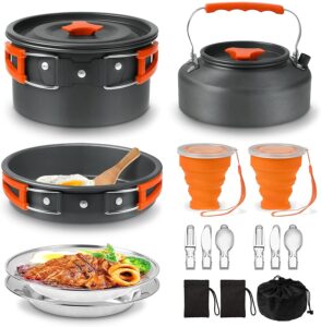 camping cooking set camping cookware outdoor aluminum mess kit with frying pan, pot with lid, 1.2l kettle set and 2 stainless steel plate, 2 folding cups and 2 set knives spoons for backpacking picnic