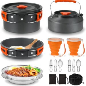 Camping Cooking Set Camping Cookware Outdoor Aluminum Mess Kit with Frying Pan, Pot with Lid, 1.2L Kettle Set and 2 Stainless Steel Plate, 2 Folding Cups and 2 Set Knives Spoons for Backpacking Picnic