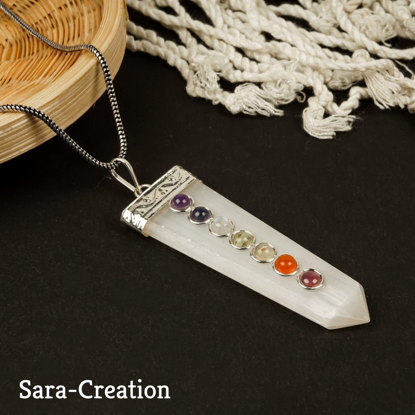 Charged Seven 7 Chakra Selenite Crystal Pendant - Selenite Charging Healing Energy Gemstone Point Pendant For Gifts - Selenite Pendant By sara creation