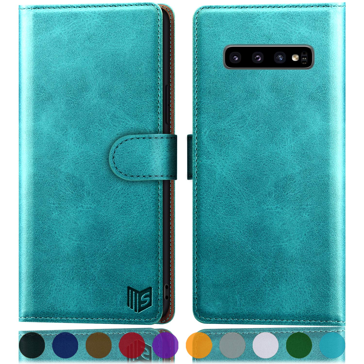 SUANPOT for Samsung Galaxy S10+ /S10 Plus 6.4 (Not Fit S10,S10e) Leather Wallet case with RFID Blocking Credit Card Holder, Flip Folio Book Phone Cover Shockproof case Wallet Pocket Blue Green