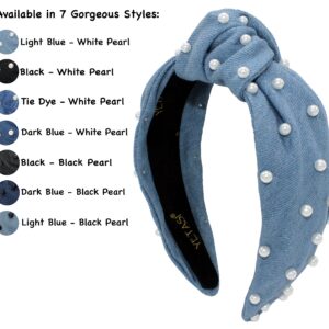 YETASI Denim Blue Pearl Knotted Headband for Women. Comfy Soft Fabric Top Knot Headband. Light Blue Jean Headband for Women Fashion Gets Compliments.