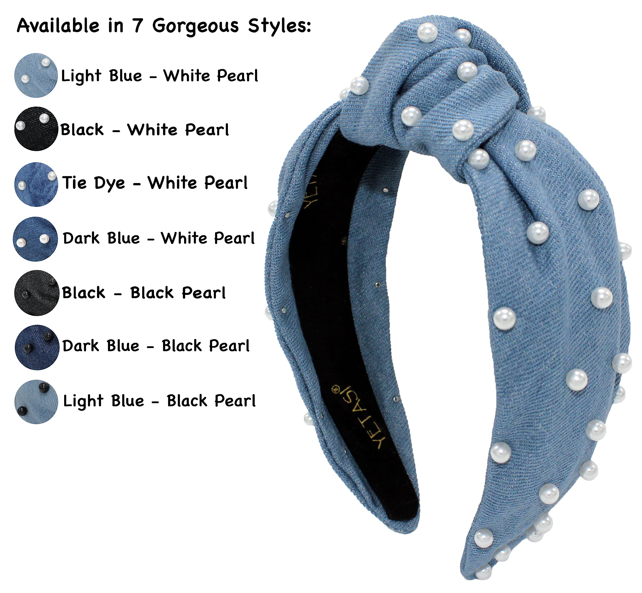 YETASI Denim Blue Pearl Knotted Headband for Women. Comfy Soft Fabric Top Knot Headband. Light Blue Jean Headband for Women Fashion Gets Compliments.