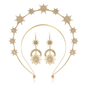 zivyes halo crown stars goddess crown halo headband tiaras and crowns for women boho bridal wedding headpiece (1-gold crown with earrings)