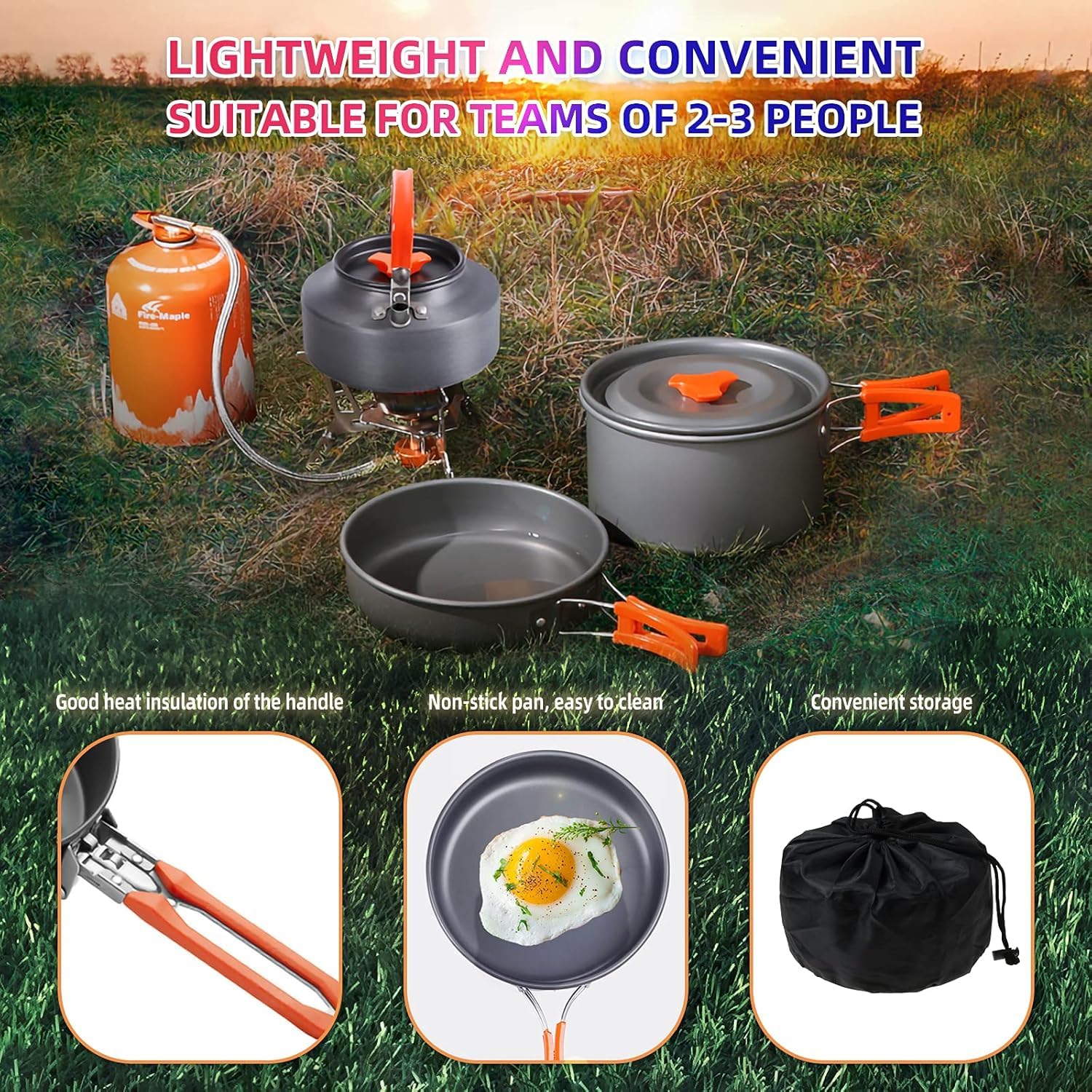 Camping Cooking Set Camping Cookware Outdoor Aluminum Mess Kit with Frying Pan, Pot with Lid, 1.2L Kettle Set and 2 Stainless Steel Plate, 2 Folding Cups and 2 Set Knives Spoons for Backpacking Picnic