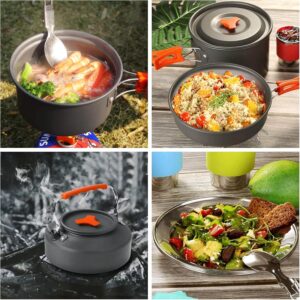 Camping Cooking Set Camping Cookware Outdoor Aluminum Mess Kit with Frying Pan, Pot with Lid, 1.2L Kettle Set and 2 Stainless Steel Plate, 2 Folding Cups and 2 Set Knives Spoons for Backpacking Picnic