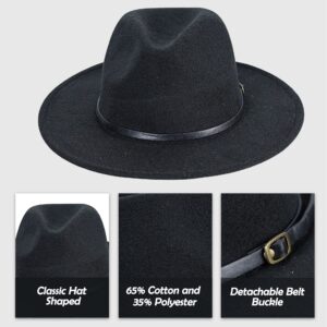 Classic Wide-Brim Fedora-Hats for Women Men Fedora Hat with Belt Buckle Felt Panama Hat Black