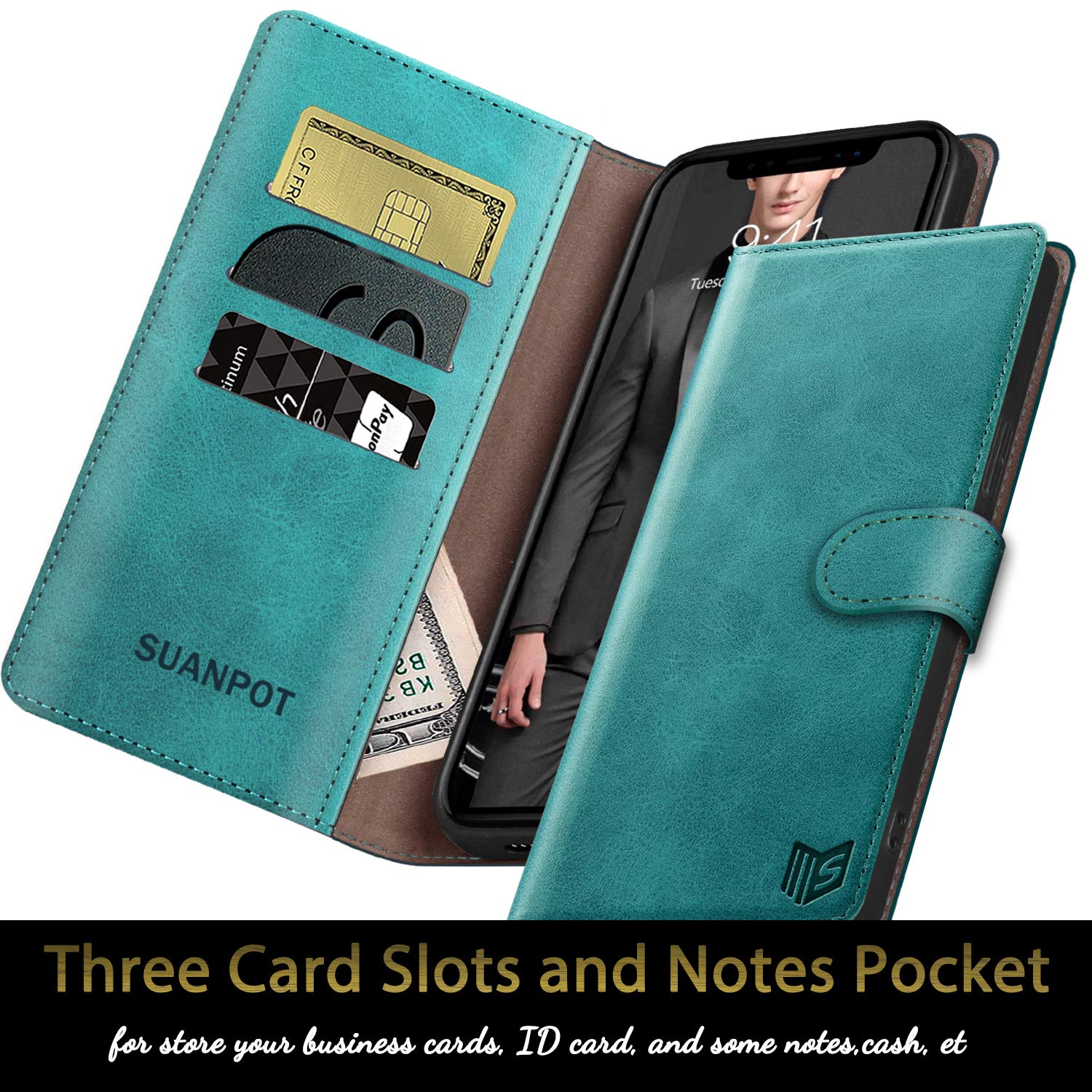 SUANPOT for Samsung Galaxy S10+ /S10 Plus 6.4 (Not Fit S10,S10e) Leather Wallet case with RFID Blocking Credit Card Holder, Flip Folio Book Phone Cover Shockproof case Wallet Pocket Blue Green