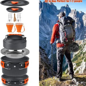 Camping Cooking Set Camping Cookware Outdoor Aluminum Mess Kit with Frying Pan, Pot with Lid, 1.2L Kettle Set and 2 Stainless Steel Plate, 2 Folding Cups and 2 Set Knives Spoons for Backpacking Picnic