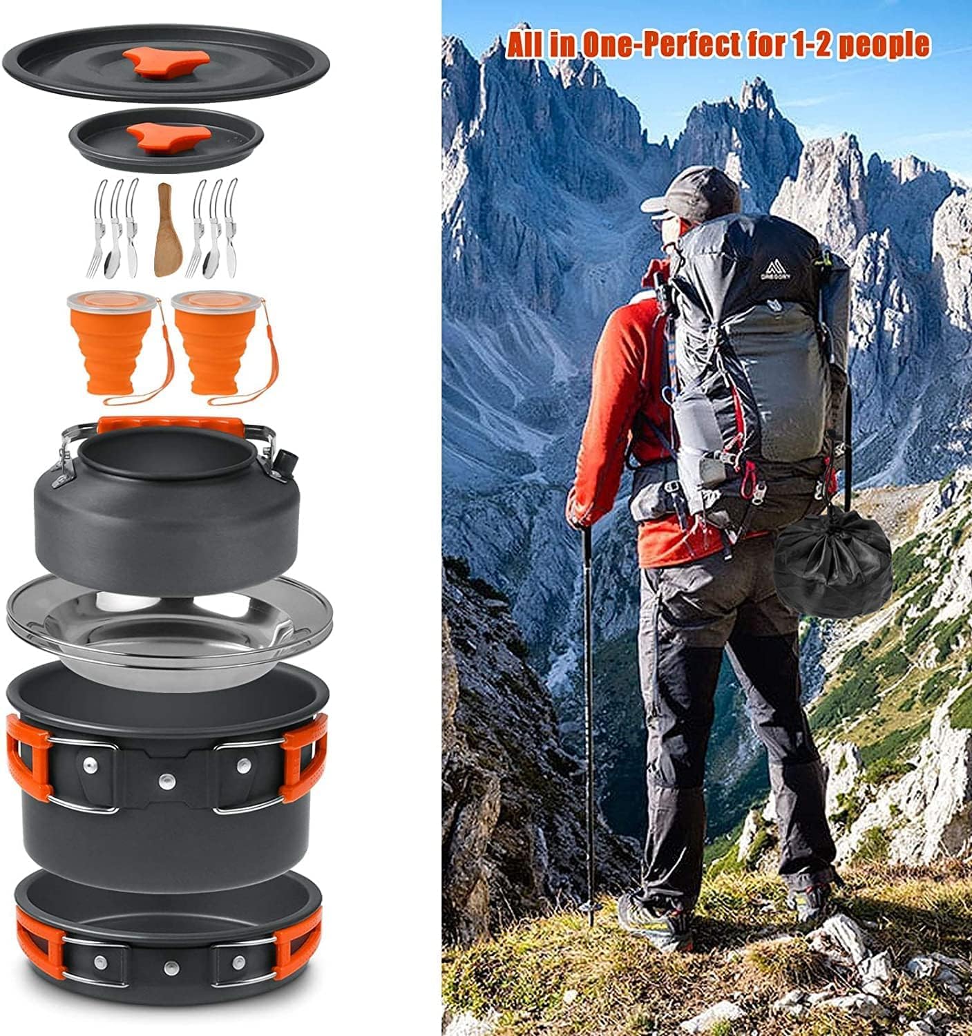 Camping Cooking Set Camping Cookware Outdoor Aluminum Mess Kit with Frying Pan, Pot with Lid, 1.2L Kettle Set and 2 Stainless Steel Plate, 2 Folding Cups and 2 Set Knives Spoons for Backpacking Picnic