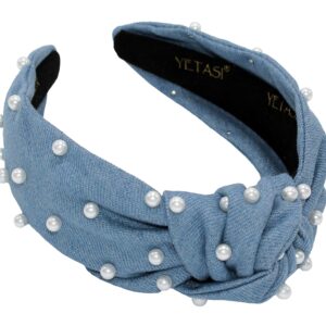 YETASI Denim Blue Pearl Knotted Headband for Women. Comfy Soft Fabric Top Knot Headband. Light Blue Jean Headband for Women Fashion Gets Compliments.