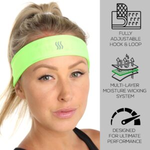 SAAKA Fully Adjustable Headband for Men and Women. Lightweight, Moisture Wicking Sweatband for Running, Sports, Workout, Cross Training, Yoga & Exercise. (Neon Green, Small)