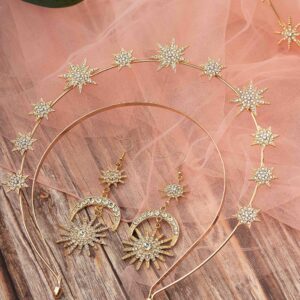 Zivyes Halo Crown Stars Goddess Crown Halo Headband Tiaras and Crowns for Women Boho Bridal Wedding Headpiece (1-Gold Crown With Earrings)