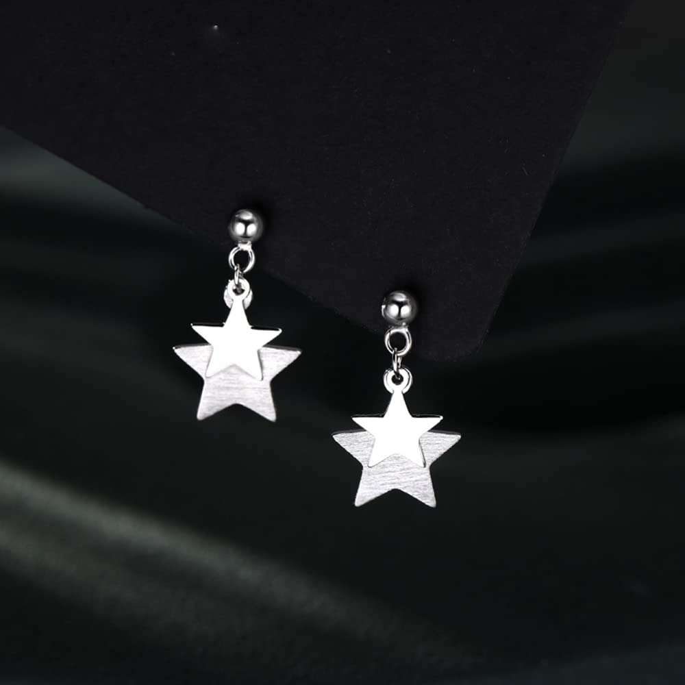 Reffeer Solid 925 Sterling Silver Double Star Stud Earrings for Women Small Star Stud Earrings Drops (A-Silver)