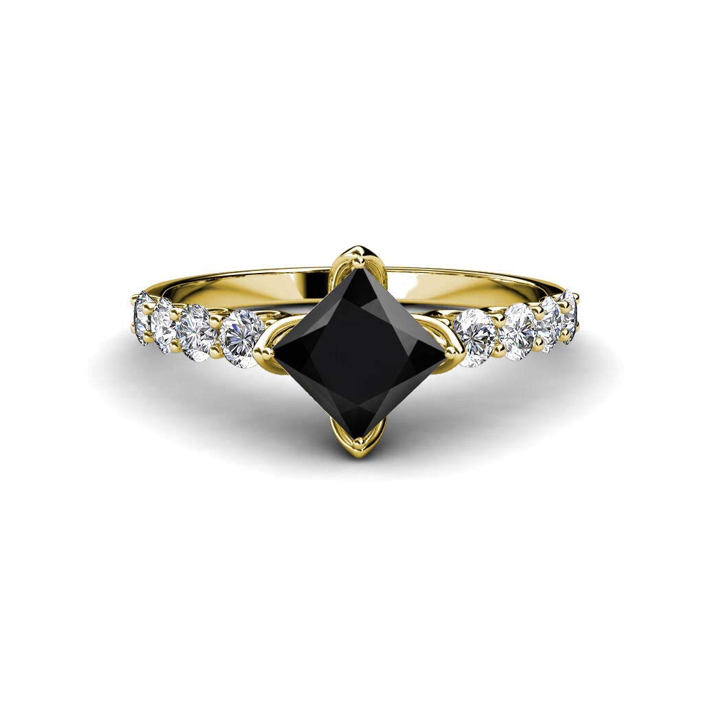 Princess Cut & Round Cut Black Diamond & Cubic Zirconia 14k Yellow Gold Platted 925 Sterling Silver Engagement Ring for Women (5.5)