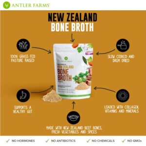 Antler Farms - 100% Grass Fed New Zealand Bone Broth Powder, 40 servings, 200g - Slow Cooked, Gently Dried, Light Flavor, No Hormones, No Antibiotics, No GMOs