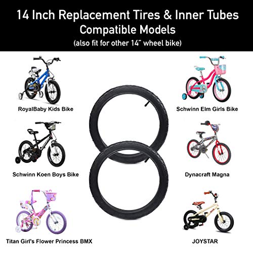 (2 Sets) 14” x 2.125 Kids Bike Replacement Tires and Tubes - Compatible with Most 14” Kids Bikes Like RoyalBaby, Joystar, and Dynacraft - Made from BPA/Latex Free Butyl Rubber