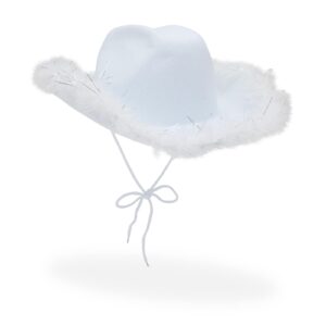 zodaca white cowboy hat for men and women with feathers, western felt fluffy cowgirl hat for costume, dress up birthday, bachelorette, and bachelor party accessories