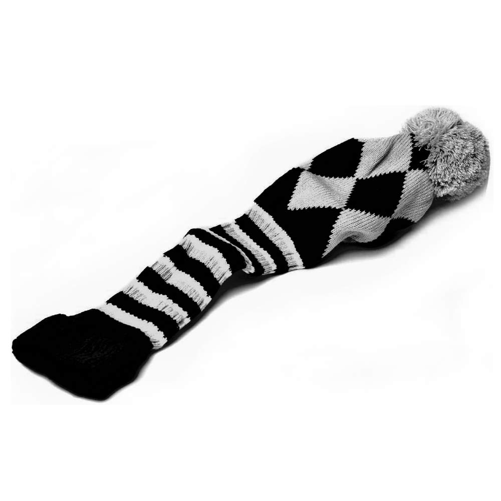 GOOACTION 3PCS Knitted Golf Head Covers 1-3-5 for Driver and Fairway Woods with Long Neck Sock Vintage Argyle Black and Dark Gray Pom Pom Golf Club Head Covers Set