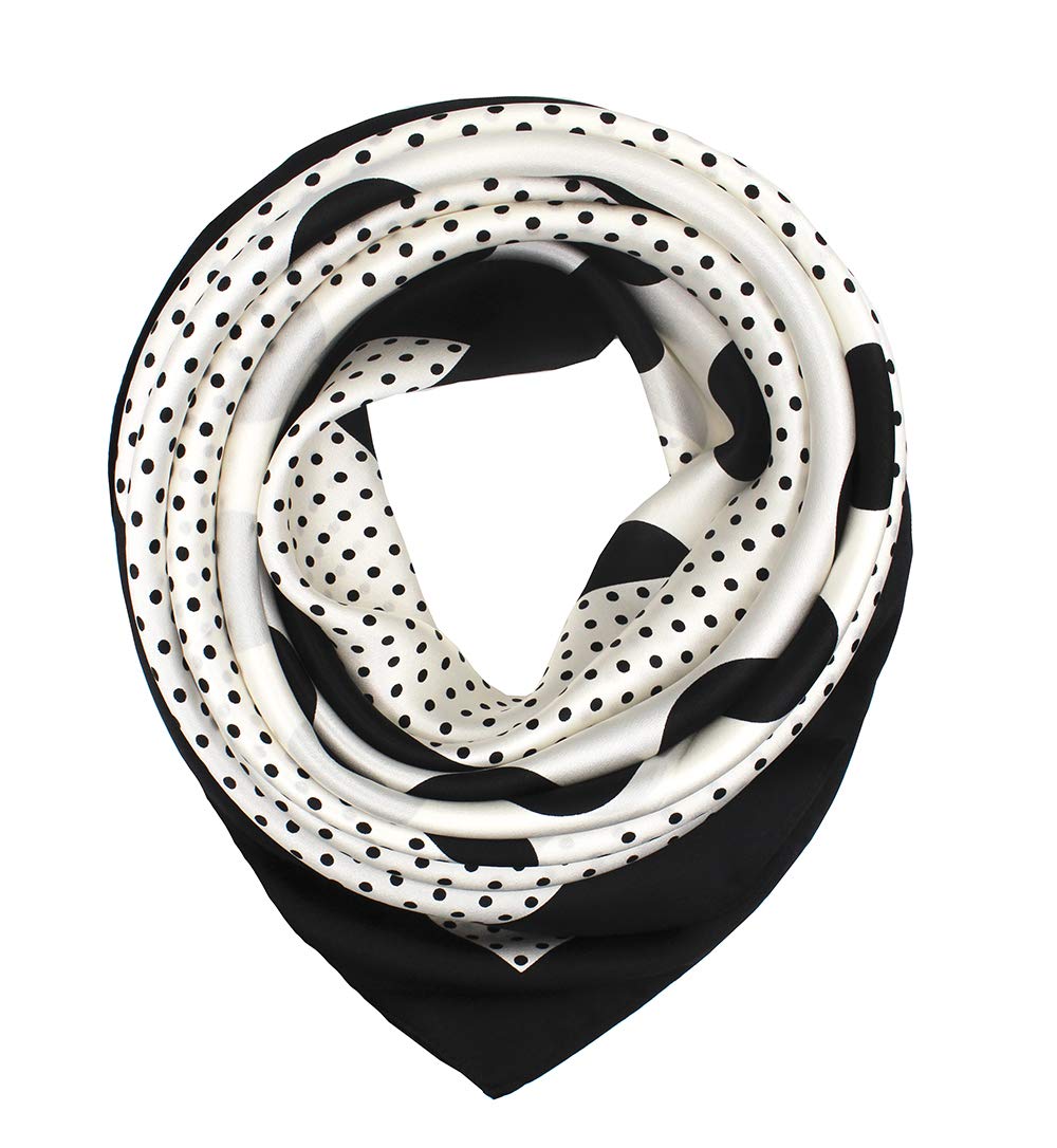 ANDANTINO 100% Pure Mulberry Silk Scarf 35" Large Square Lightweight Headscarf –Women’s Hair Wraps-With Gift Packed (Black&White Polka Dots)