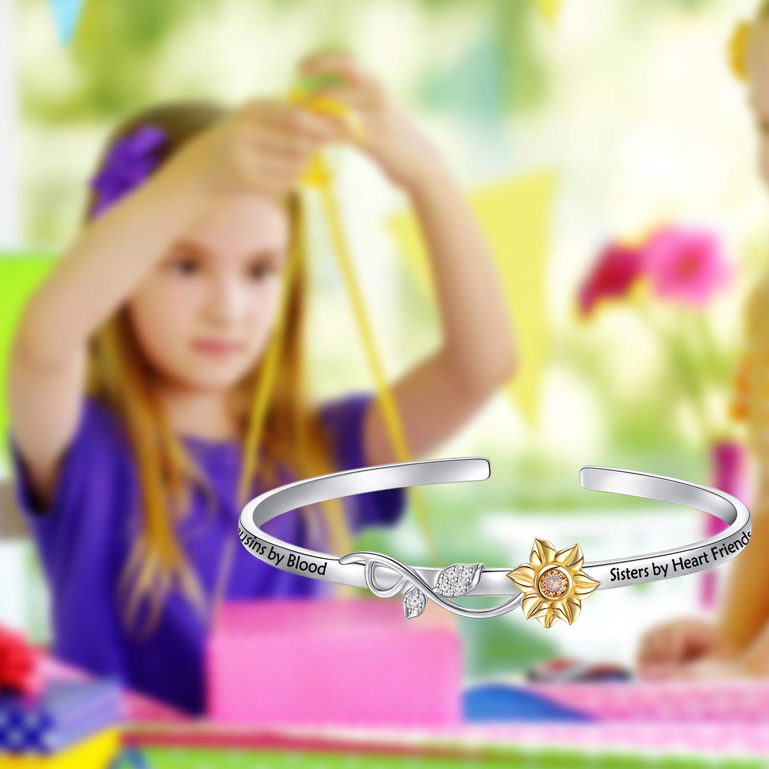 FEELMEM Cousin Gifts Cousins By Blood Sisters By Heart Friends By Choice Sunflower Bracelet Cousin Jewelry Gift for Cousin BBF Best Friend (Cousins by blood)