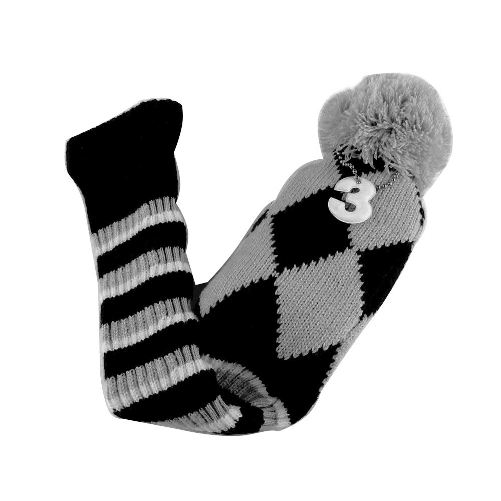 GOOACTION 3PCS Knitted Golf Head Covers 1-3-5 for Driver and Fairway Woods with Long Neck Sock Vintage Argyle Black and Dark Gray Pom Pom Golf Club Head Covers Set