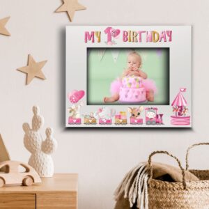 BELLA BUSTA-My 1st Birthday-Baby Boy, Baby Girl First Birthday-UV Print Gloss White Picture Frame (Girl, 5x7 Horizontal)