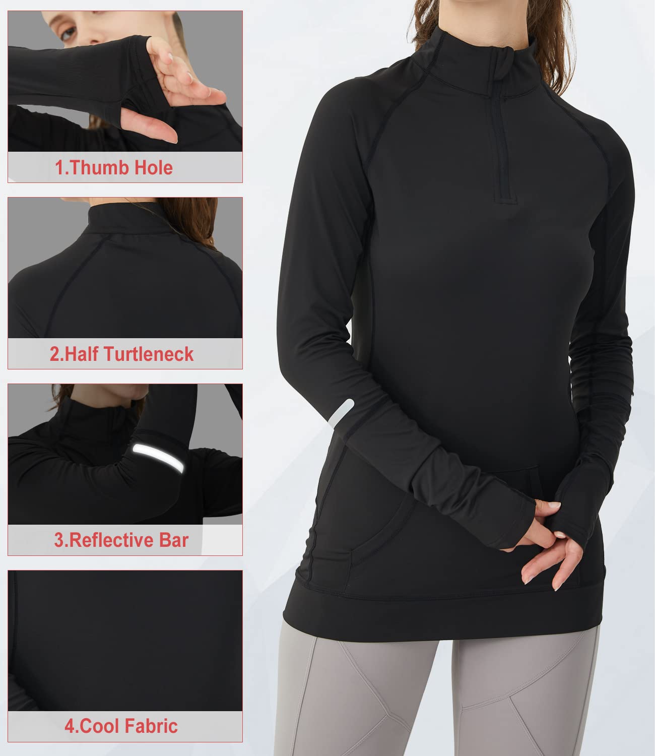 Quarter Zip Pullover Women Athletic Long Sleeve Golf Shirts Workout Shirt Fitted Long Sleeve Thumb Hole Active Wear Tops Black M