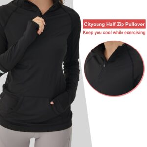 Quarter Zip Pullover Women Athletic Long Sleeve Golf Shirts Workout Shirt Fitted Long Sleeve Thumb Hole Active Wear Tops Black M