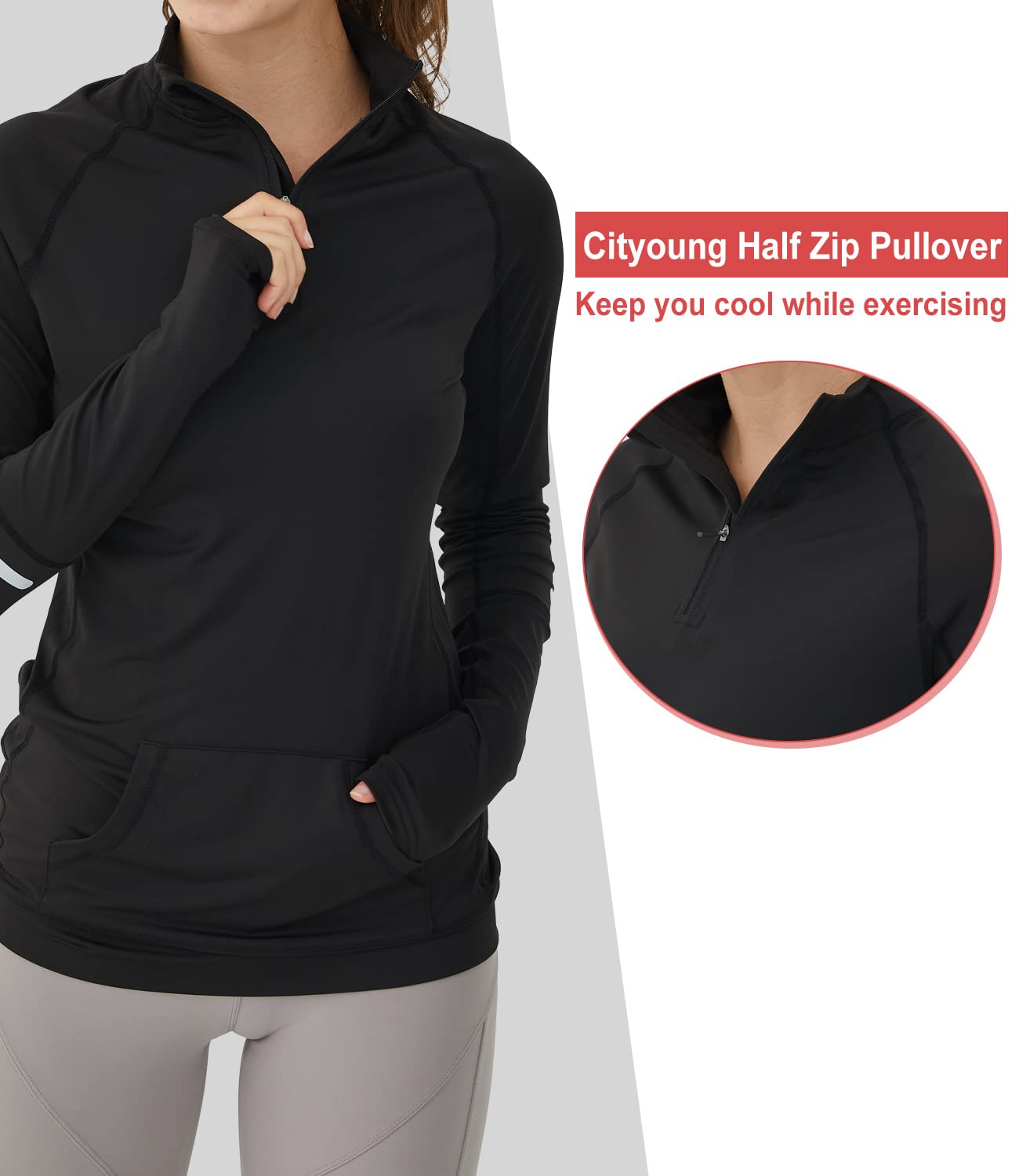 Quarter Zip Pullover Women Athletic Long Sleeve Golf Shirts Workout Shirt Fitted Long Sleeve Thumb Hole Active Wear Tops Black M