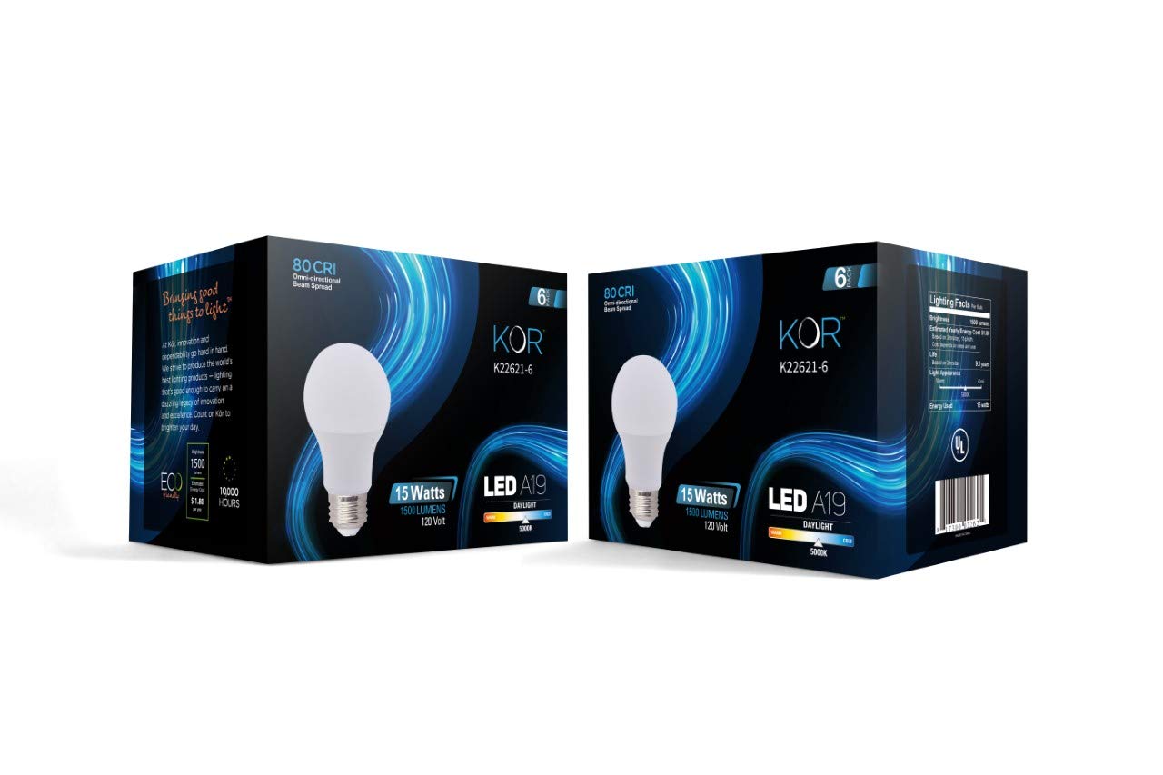 KOR LED Light Bulbs - 6 Pack of 5000K Daylight White Lightbulbs - E26 Base, A19 Size, 15W (100W Incandescent Equivalent) - Long Lasting 1500 Lumen Bright Shatter Resistant Energy Saving Light Bulbs