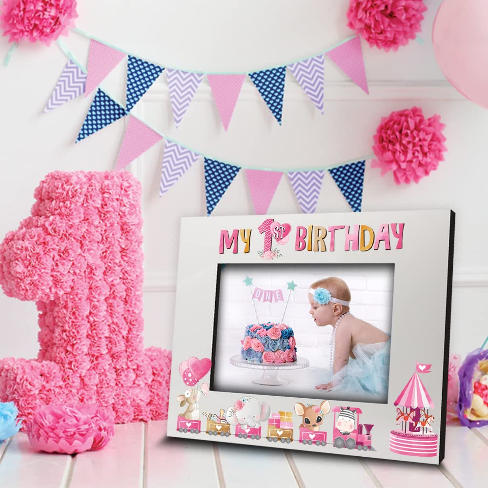 BELLA BUSTA-My 1st Birthday-Baby Boy, Baby Girl First Birthday-UV Print Gloss White Picture Frame (Girl, 5x7 Horizontal)