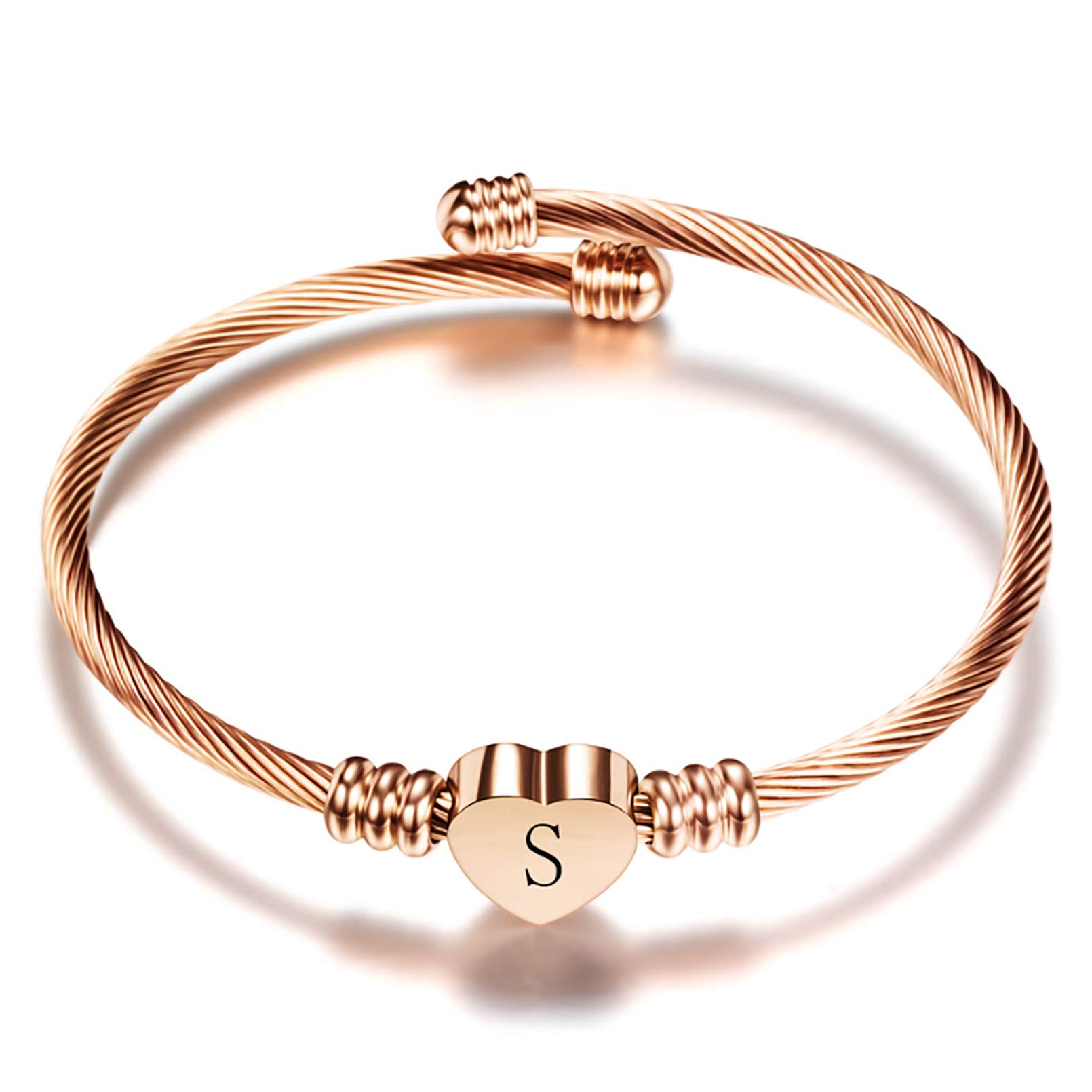 Chili Jewelry Rose Gold Women Initial S Letter Cuff Bracelets Heart Name Expandable Bangle