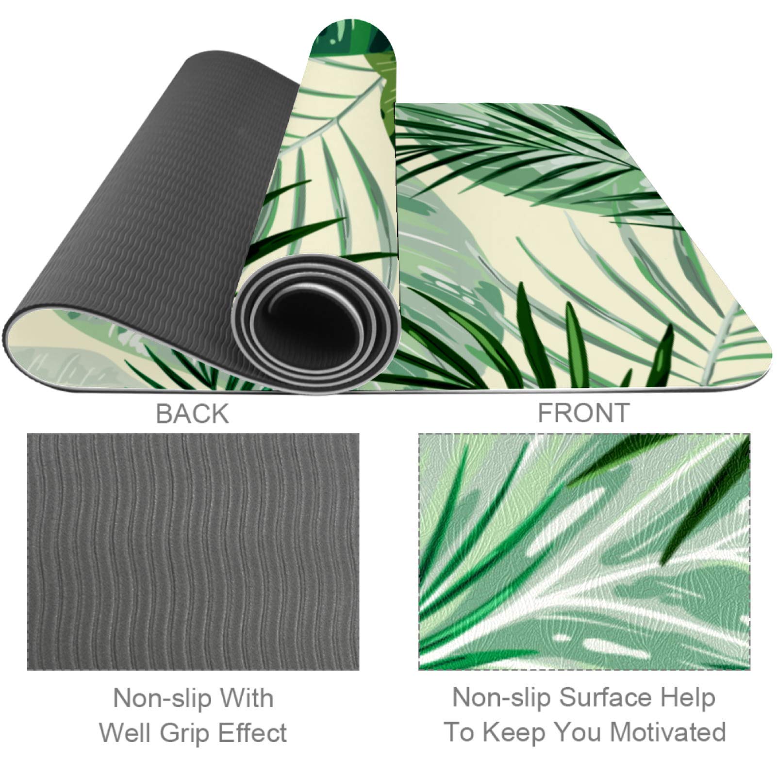 Unicey Green Tropical Leaves Decorative Background Yoga Mat Thick Non Slip Yoga Mats for Women&Girls Exercise Mat Soft Pilates Mats,(72x24 in, 1/4-Inch Thick)