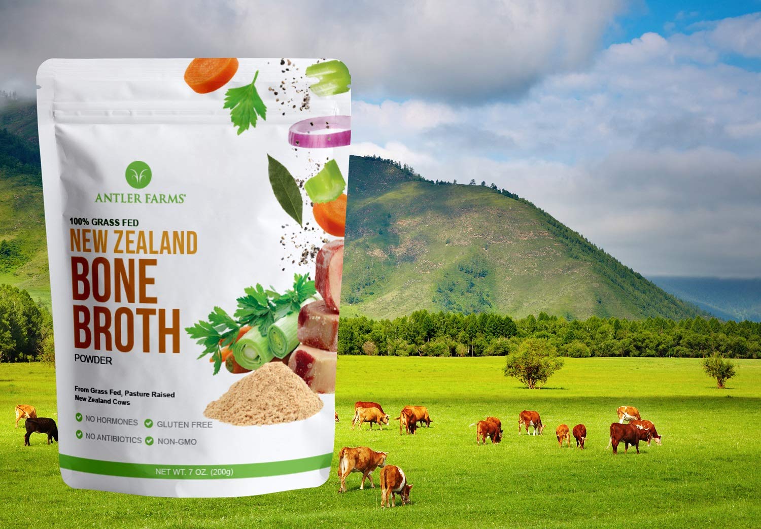 Antler Farms - 100% Grass Fed New Zealand Bone Broth Powder, 40 servings, 200g - Slow Cooked, Gently Dried, Light Flavor, No Hormones, No Antibiotics, No GMOs