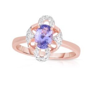 femme luxe vintage tanzanite and white topaz ring for women, 14k rose gold plated sterling silver, nickel free and hypoallergenic, (size 7)