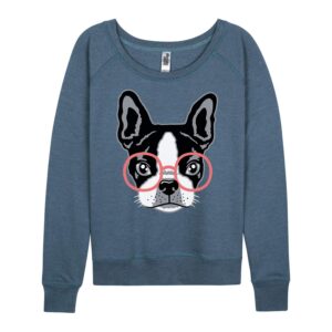 instant message - french bulldog with glasses - ladies french terry pullover - size 1x heather blue