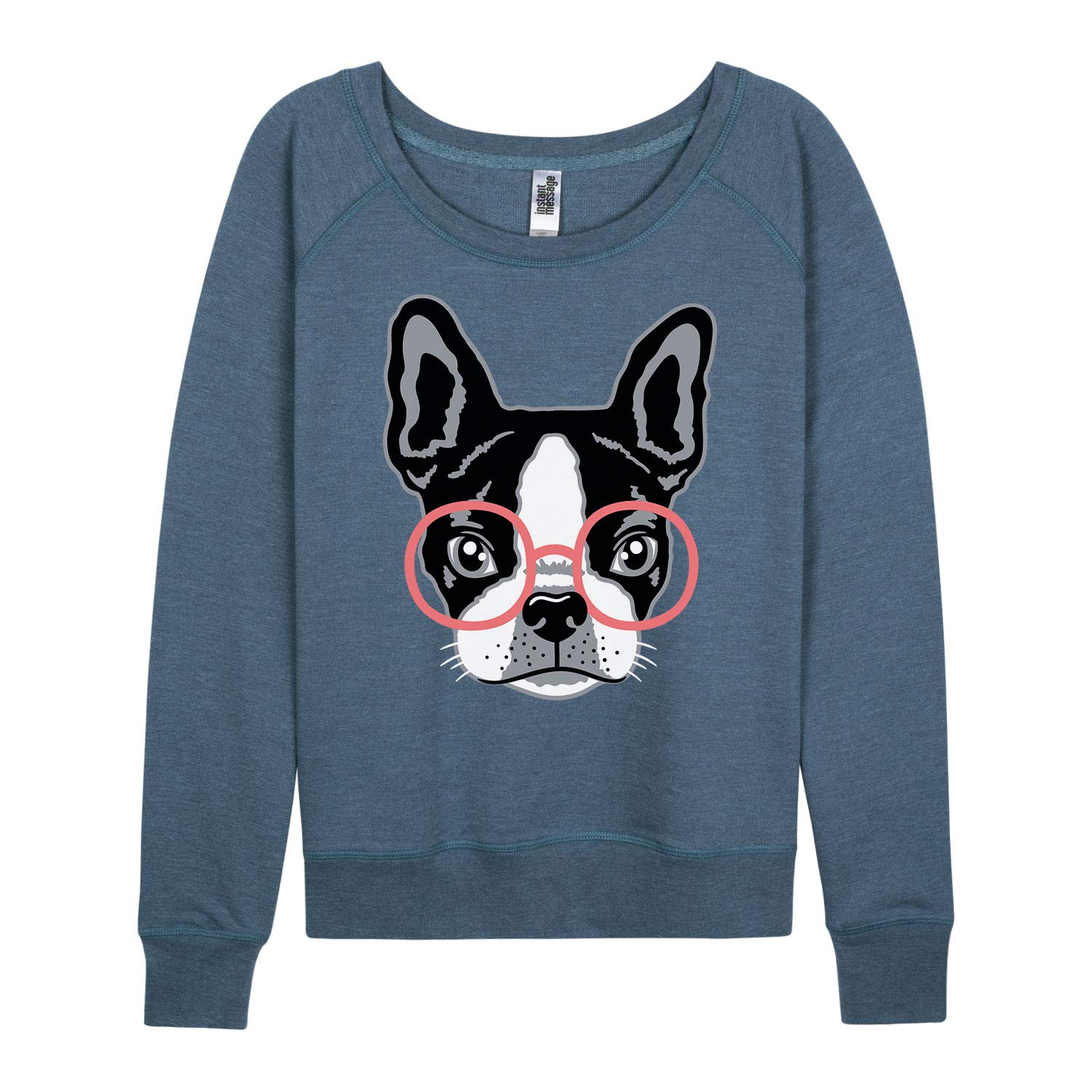 Instant Message - French Bulldog With Glasses - Ladies French Terry Pullover - Size 1X Heather Blue