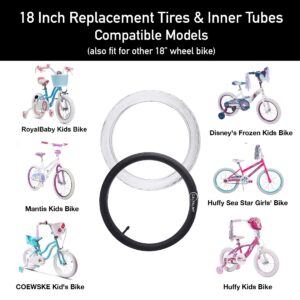 (2 Sets) 18” x 2.125 Kids Bike Replacement White Tires and Tubes - Compatible with Most 18” Kids Bikes Like RoyalBaby, Joystar, and Dynacraft - Made from BPA/Latex Free Butyl Rubber