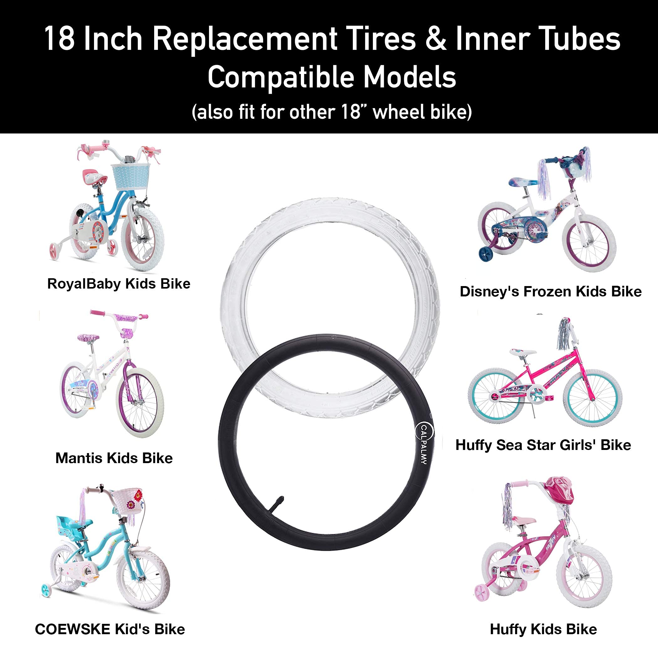 (2 Sets) 18” x 2.125 Kids Bike Replacement White Tires and Tubes - Compatible with Most 18” Kids Bikes Like RoyalBaby, Joystar, and Dynacraft - Made from BPA/Latex Free Butyl Rubber