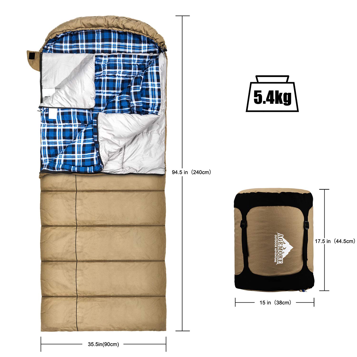 0 Degree Canvas Sleeping Bag for Fishing, Hunting, Traveling and Camping Particularly in Cold Winter Outdoor with Removable Flannel Liner and Free Compression Sack for Big and Tall Adults