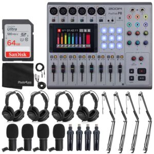 zoom podtrak p8 multitrack podcast recorder + 4x zoom zdm-1 podcast mic + 4x headphones + 4x windscreens + 4x tabletop stands + 64gb memory card + 4x boom arms + cables - ultimate podcasting bundle